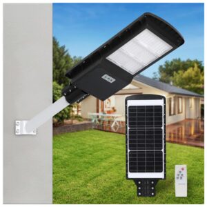 300w solar flood light with remote control, motion sensor dusk to dawn solar security flood lights, ip67 waterproof dimmable outdoor street lighting for parking lot, garden, yard, driveway, patio