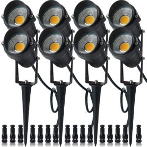 eleglo 5w low voltage led landscape lights,12v/24v ac/dc landscape lighting,outdoor lawn tree flag spotlights with spike stand,ip65 waterproof garden pathway lights (8 pack warm white with connector)