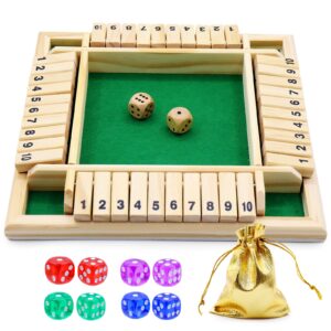 dice game shut the box game wooden board game with 10 dices,a classic 4 sided family math game for 2-4 players dice board game shut-the-box(kids or adults)