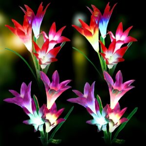 hatstart outdoor solar garden lights,4 pack solar patio lights with 16 bigger lily flower lights waterproof 7 colors changing led solar powered lights for garden, patio, pathway