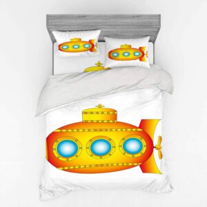 ambesonne yellow submarine bedding set, sea theme a submarine on the white background illustration print, 4 piece duvet cover set with shams and fitted sheet, california king, orange and yellow