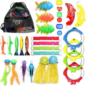 chuchik 30 pcs diving toys, swimming pool toys for kids ages 4-8 8-12 with a storage net bag. pool dive toys for kids. pool games, swim summer water toys. include diving sticks & pool rings