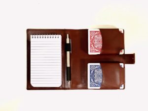 playing card case - fits two decks - vegan leather - space for pen and notepad - poker case (brown)