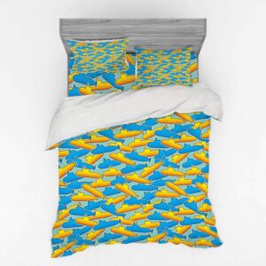 ambesonne yellow submarine bedding set, pop art style retro underwater theme classical submarine design print, 4 piece duvet cover set with shams and fitted sheet, california king, yellow and blue