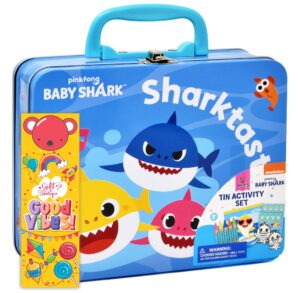 baby shark coloring and activity tin box for kids includes baby shark mess free crafts with crayons stickers sketch pad color kit in tin box for toddler boys and girls, gift boutique bookmark included