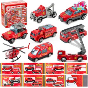 joyin 28 packs valentines day cards with diecast fire rescue vehicles toys for kids valentine party favor, classroom exchange prize and gifts for boys, valentine’s greeting cards