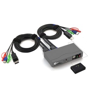 cklau 4kx2k@60hz 2 port displayport kvm switch with audio and cables, dp 1.2 dual port kvm switch displayport for 2 computers sharing single keyboard mouse monitor