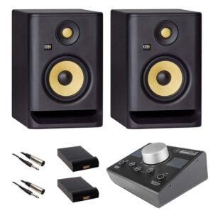 krk rokit 5 g4 5" 2-way studio monitor (pair) bundle with mackie big knob monitor controller, 2x pads 2x trs-xlr cable