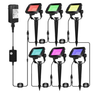 ucomeuni outdoor led flood light 6 in 1 color changing led lighting 12v landscape lights with ul adapter ip66 waterproof garden pathway light with metal spike stand for yard, lawn, 6 pack, black