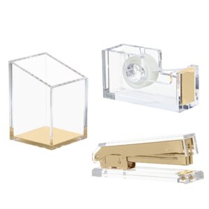 punch & stick | stationery & desk accessories | pen holder, stapler & tape dispenser | gold & clear acrylic lucite | office desk accessories | office gift set