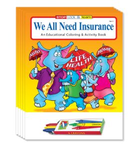 zoco - we all need insurance - kids coloring books (25 bulk pack, with crayons) - insurance agent, financial planner supplies - educational games, puzzles, activities