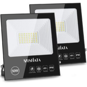 mosfiata 50w led flood light outdoor 2 pack, 11000 lumen super bright security lights, ip66 waterproof outdoor work light, 6000k daylight white floodlight for garden, yard, lawn, basketball court