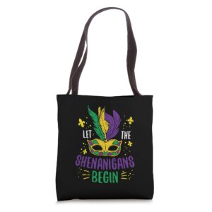 let the shenanigans begin jester funny mardi gras carnival tote bag