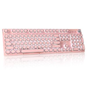 chichen retro steampunk typewriter-style gaming keyboard, blue switches,pure white backlight, usb wired, for pc laptop desktop, stylish pink mechanical keyboard round keycaps