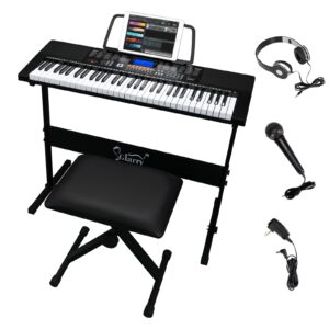 glarry 61-key portable electronic keyboard piano set w/lcd screen, stand, microphone, headphones, stand, bench, teaching modes, built-in speakers