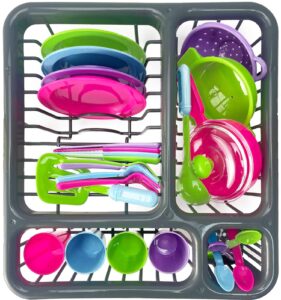 kids super durable kitchen toys set, pretend play children's dish toy, wash and dry tableware dish rack with drainer (great gift for kids) (27 pieces)