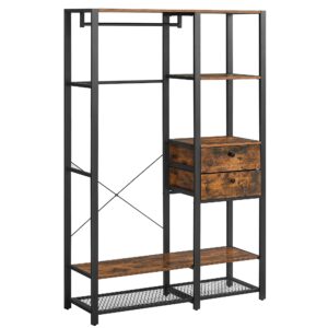 vasagle free standing closet organizer, clothes rack, closet organizer and storage shelves, hanging rod, 2 drawers, industrial style, rustic brown and black urgr001b01