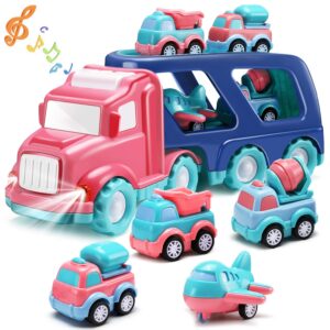 transport car carrier truck set with light and sound, 5 in 1 pink double deck container truck with 4 mini cartoon pull back vehicle construction car, gift toy for girl toddler kid christmas birthday