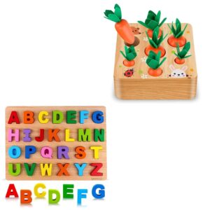 skyfield wooden carrot harvest game & letter puzzles gifts toys for baby boys girls 3 4 5 6 years old, color& shape educational montessori toys for toddler kids, great birthday gi