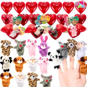 joyin 28 packs valentines day prefilled hearts with plush animal finger puppet and valentins card for kids valentine classroom exchange, valentine party favors, gift exchange, game prizes