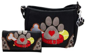 hw collection dog paw print handbag small crossbody bag shoulder purse women wallet set (black light grey paw)