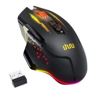 uhuru wireless gaming mouse, wired and wireless dual modes rechargeable rgb gaming mouse with 7 programmable buttons, ergonomic and 5 adjustable dpi levels up to 10000 dpi for pc laptop gamer （wm-07）