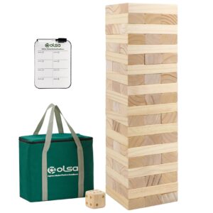 olsa giant tumble tower 60 pcs wooden block stacking games with carrying bag classic indoor & outdoor games for kids adults family backyard lawn beach camping (stack from 2.2 ft to 5ft)