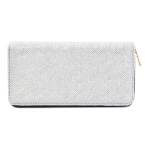 premium glitter fabric bling continental zip around wallet, silver