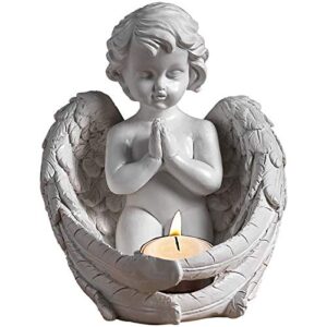 kneeling angel tealight holder, prayer cherub angel statue votive candle holders, home garden guardian decorative church wings angel sculpture memorial statue, sympathy gift, white