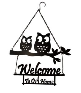 grace home vintage metal owls welcome door sign handcrafted hanging owl ornament kitchen office living room garden porch wall art decoration 23 inches h black, 23 inches x17 inches