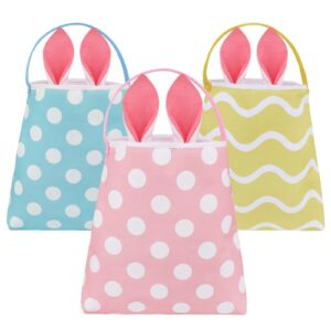 ivenf easter tote bags with bunny ears 3ct, pink blue yellow easter gift bags for hunt games eggs, kids school home party supplies decorations