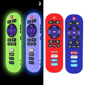 [4 pack] silicone case for tcl roku tv rc280 remote, protective universal replacement lightweight/shockproof tcl roku tv remote cover with lanyard (glow blue+glow green+red+blue)