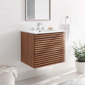 modway render 24" wall-mount bathroom vanity in walnut white