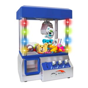 bundaloo claw machine arcade game - electronic mini candy and toy grabber dispenser for kids - with lights sound & 4 mini plush animals (blue)