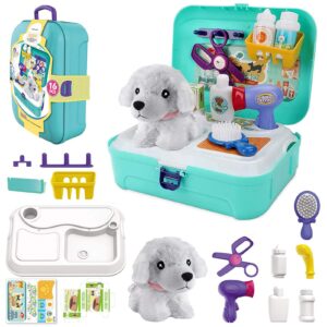 teuvo pet care play set doctor kit for kids, 16 pcs doctor pretend play vet dog grooming toys puppy dog carrier feeding dog backpack gifts for girls boys 3-7 years old