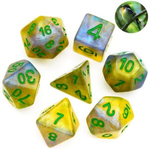 cusdie 7-die resin dnd dice, polyhedral dice set, for role playing game dungeons and dragons d&d dice mtg pathfinder (yellow/blue green numbers)