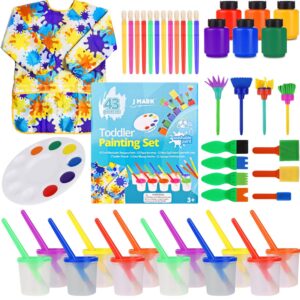 j mark 43 piece toddler painting set – spill proof paint cups for kids, washable kids paint, painting tools, kids and toddler paint set with art smock and more