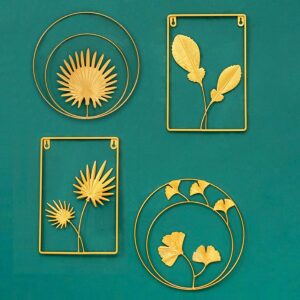 samanoya iron wall sculptures,metal round room decor and home decor with hanging leaf gingko ornaments great for bedroom hotel wall decoration (gold（round square suit）)