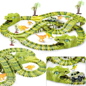 aiviai dinosaur race tracks toys for boys,289pcs flexible track playset with a race car / 6 toy dinosaurs / 4 trees, for 3 4 5 6 7 8 year old boys and girls