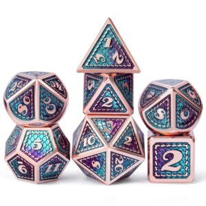 dndnd metal d&d dice set,7 pieces dragon scale metallic d&d die with gift metal case for dungeons & dragon game (teal and purple with copper edge)