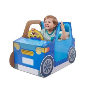 pop2play indoor baby car – sturdy and eco-friendly cardboard toddler toy car – includes 10 accessories (blue)