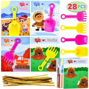 joyin 28 packs valentines day cards with shovel toys for valentine party favor, classroom exchange prize, valentine’s greeting cards, shovels and rakes beach toys, “i dig you valentine”