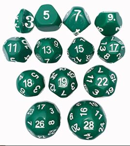 impact! miniatures green - weird rpg poly dice set - d3, d5, d7, d9, d11, d13, d15, d17, d18, d19, d22, d26 & d28