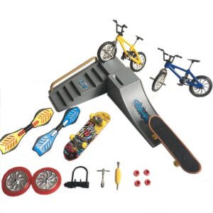 qkill 17 in 1 fingerboard ramps set finger toys with ramp/mini finger skateboards finger mini bikes/swing board with replacement wheels and tools (gray ramp kit)