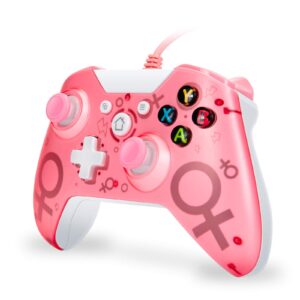 fuxinya wired controller, compatible with xbox one/one s/one x/one elite/windows pc, usb wired gamepad remote controller, pc game controller with headset jack [2021 newest version] (pink)