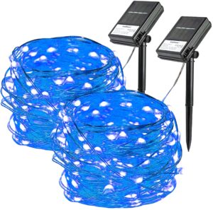 koopower 2 pack solar string lights ul certified, 33ft 8 modes copper wire blue lights solar/battery powered outdoor string lights waterproof fairy lights for xmas tree garden home ambiance wedding