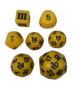 dcc special 7 - yellow - set of 7 rare and unusual rpg dice approved for use with dungeon crawl classics