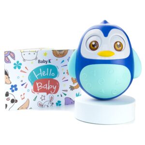 baby k penguin weeble wobble toys (blue) - tummy time wobbler for montessori babies - musical roly poly toy - shakes, rolls and jingles - developmental toys for newborn infants 3-6, 7-9, 12-18 months