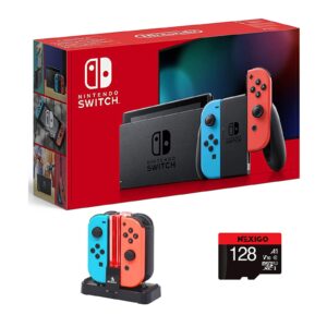 nintendo 2020 newest switch family holiday bundle - neon, 6.2" touchscreen lcd display, bluetooth + nexigo joy-con and pro controllers charging dock + nexigo 128gb microsd card bundle