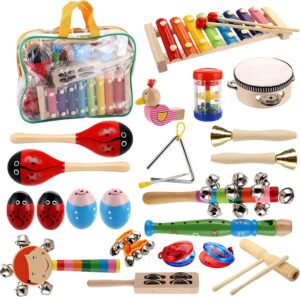 yopay toddler musical instruments, kids wooden percussion instruments toys, baby rhythm music education toys set for preschool educational early learning, boys and girls with storage bag